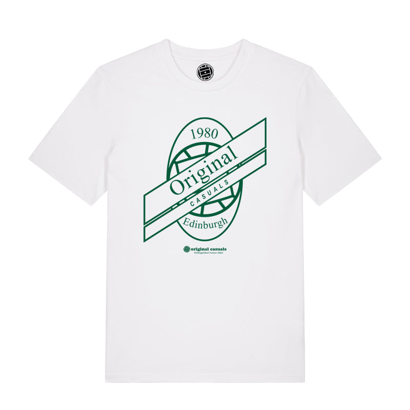 OC Badge - Hibs 90s - Outline - White T-shirt – Original Casuals